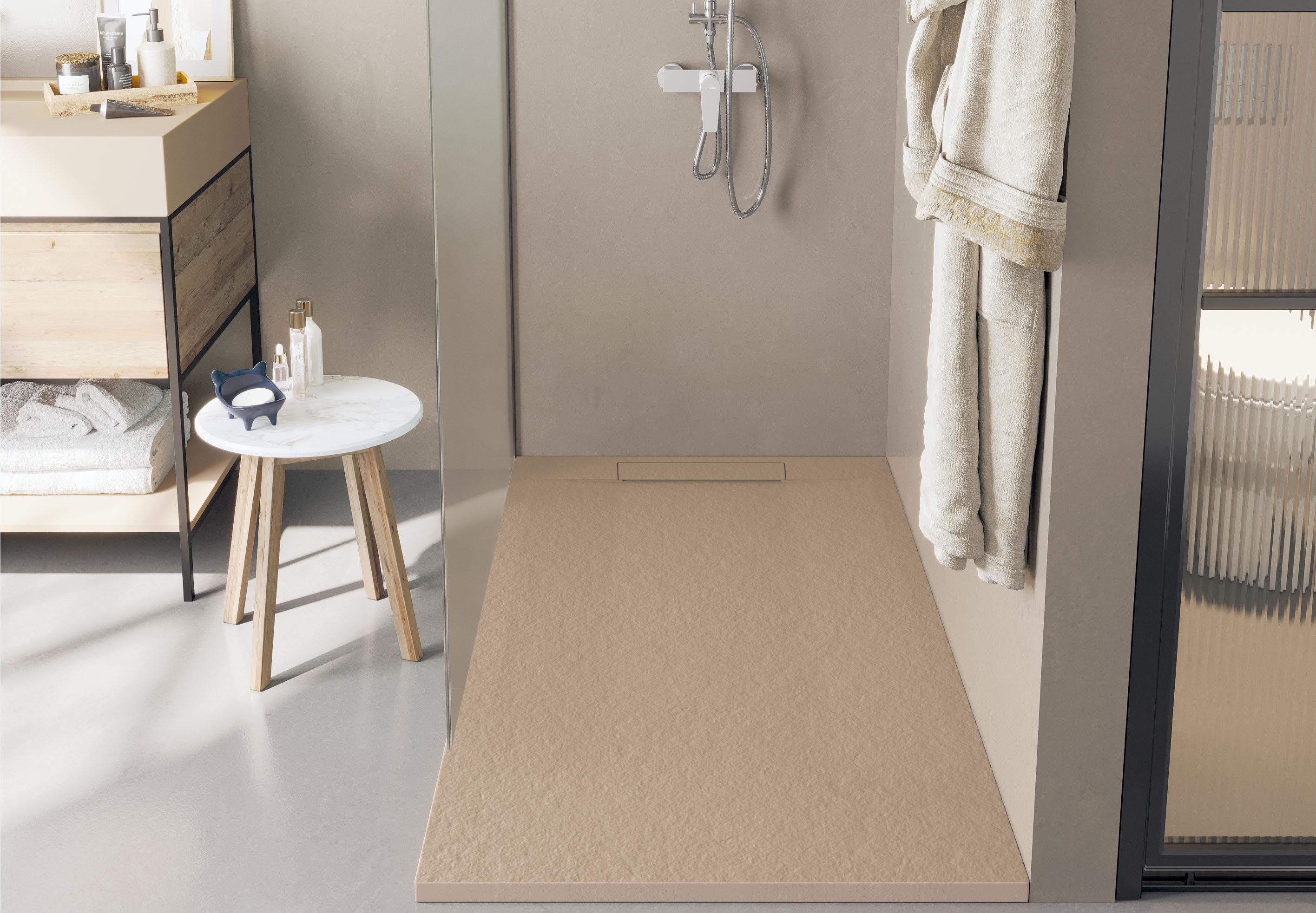 Receveurs de douche en résine Square Bruntec texture de pierre sur mesure / Decorasalledebain [2025]